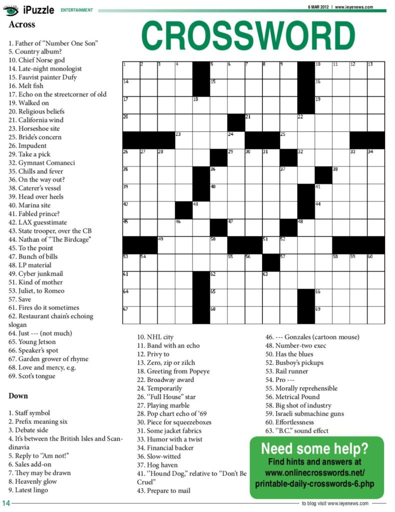 Free Printable Crosswords For Seniors - Free Printable Worksheets