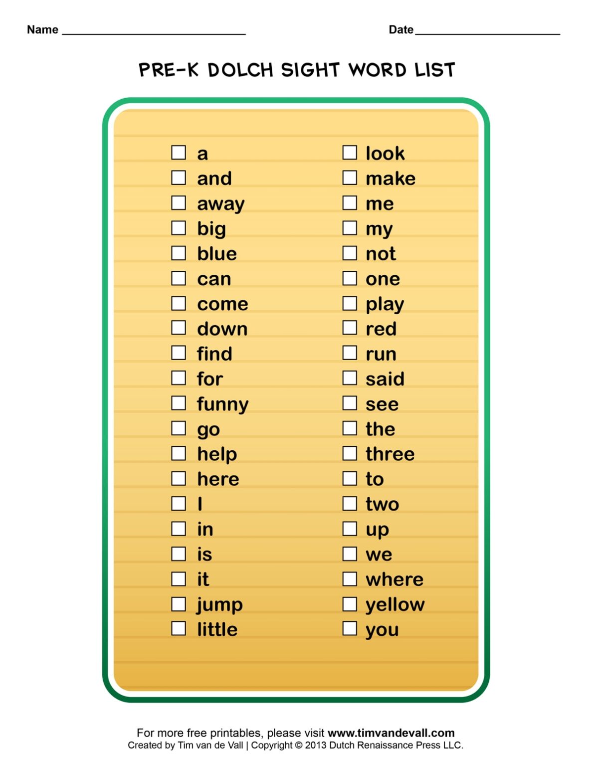 Kindergarten Sight Word List Printable - Free Printable Worksheets