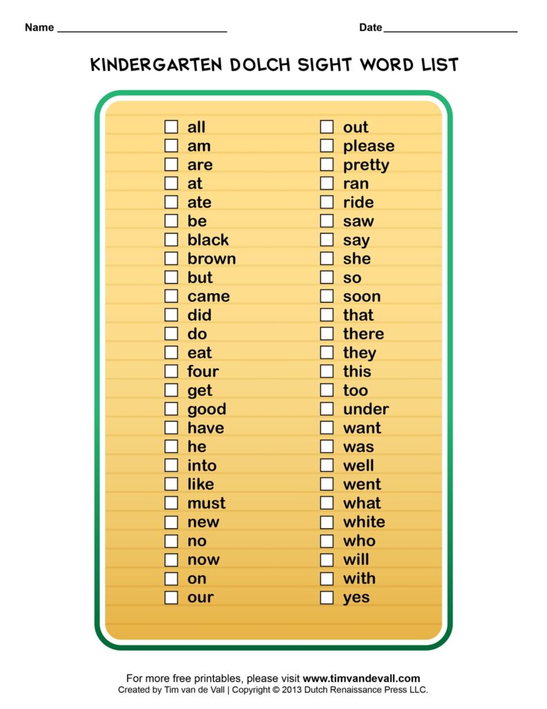 Dolch Sight Words Printable - Free Printable Worksheets