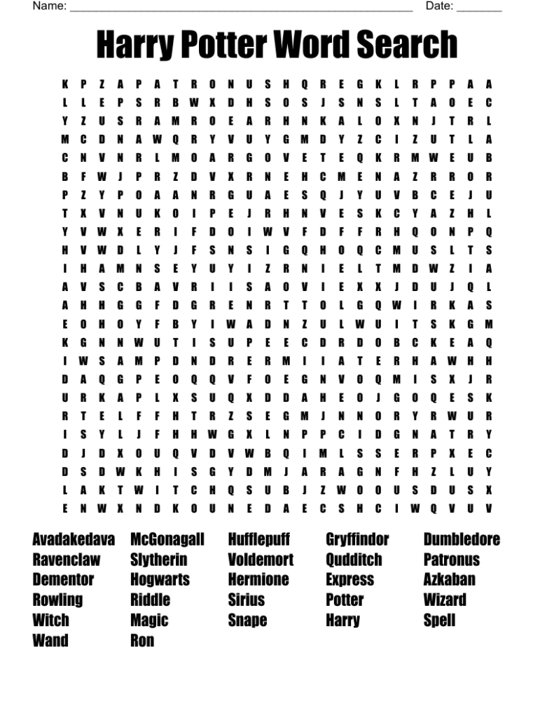 Harry Potter Word Search Printable - Free Printable Worksheets
