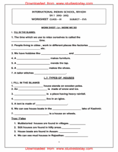 Evs Worksheet For Class 3 - Free Printable Worksheets