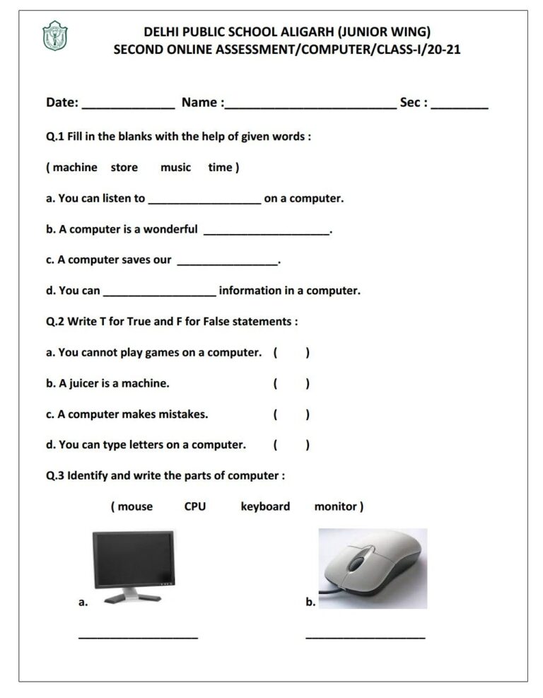 Computer Worksheet For Class 1 - Free Printable Worksheets