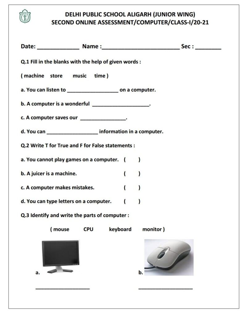 Computer Worksheet For Class 1 - Free Printable Worksheets