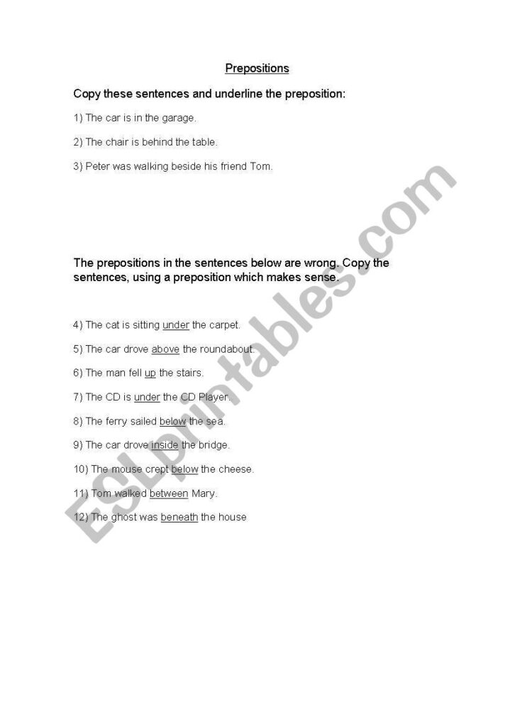 Preposition Worksheet With Answers - Free Printable Worksheets